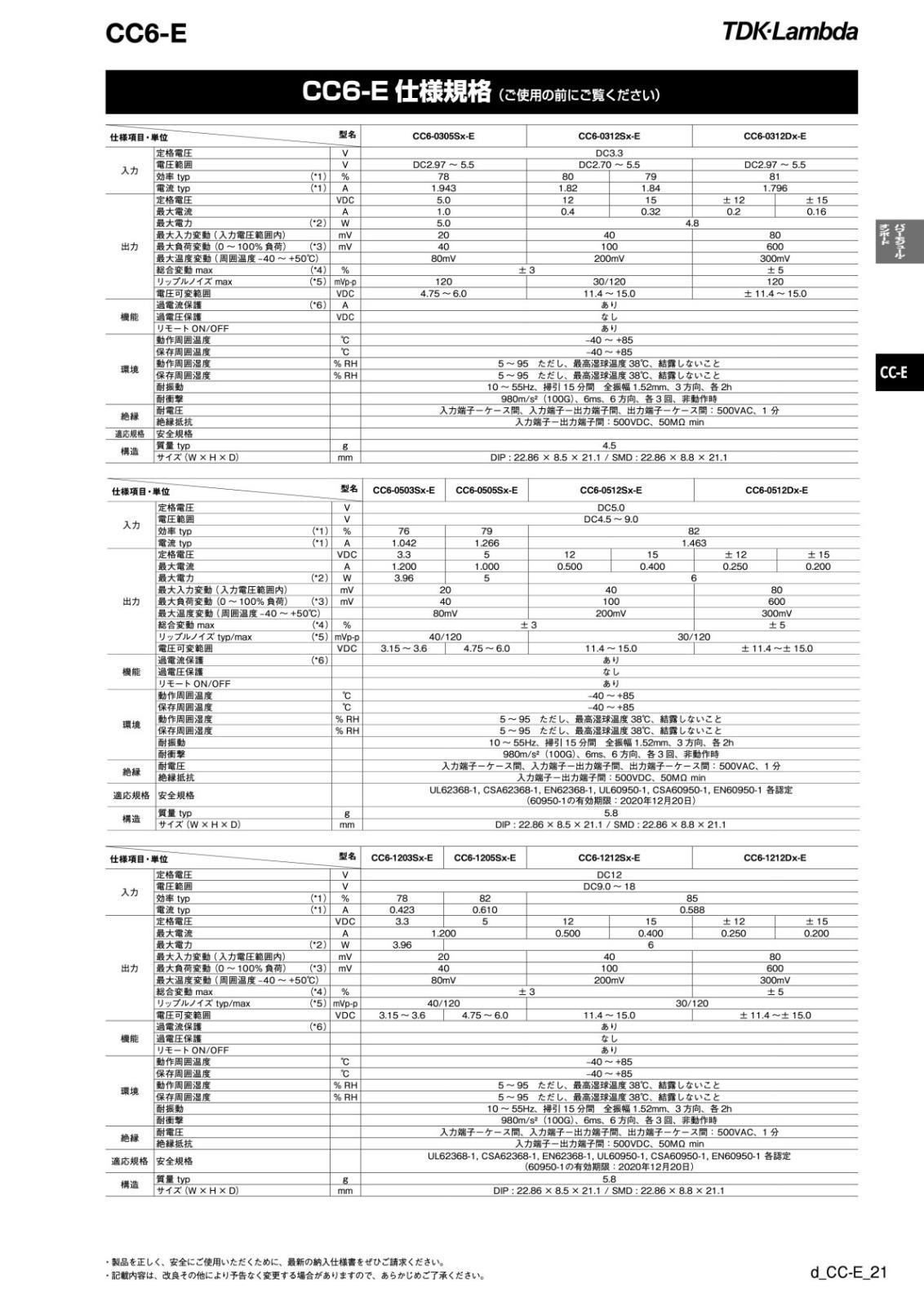 TDK LAMBDA 絶縁型 DC-DC コンバータ 6W 5V 1.2A CC6-2405SR-E | カテゴリ別,部品,半導体製品,信号 ...