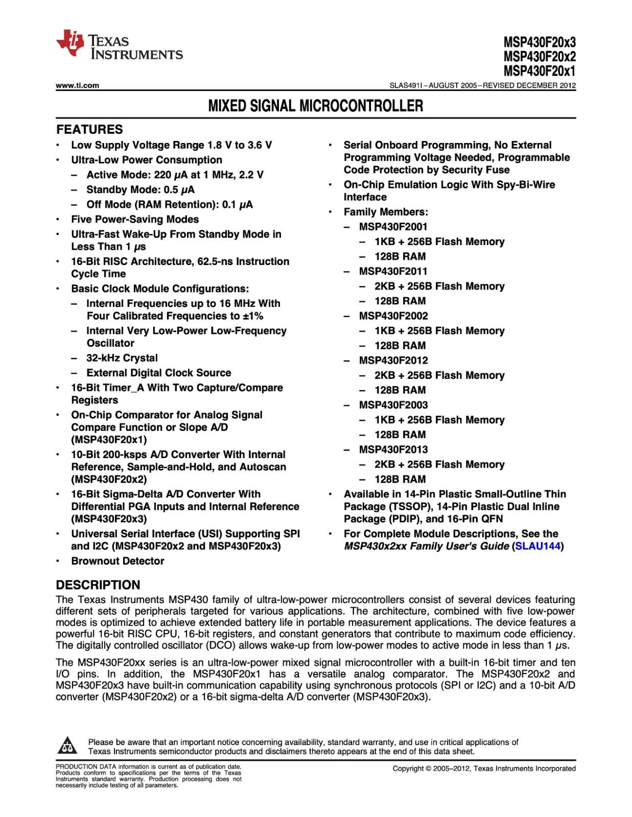 Texas Instruments MIXED SIGNAL MICROCONTROLLER MSP430F2001IPWR (5個セット ...