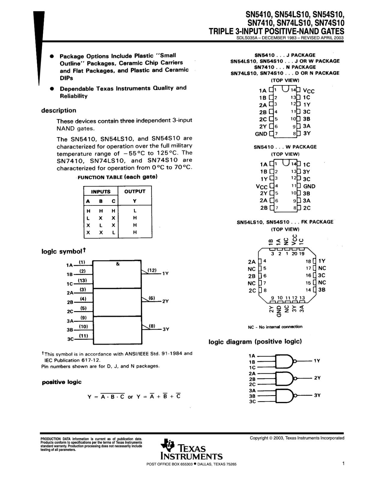 Texas Instruments TRIPLE 3-INPUT POSITIVE-NAND GATES SN7410N (5個セット ...