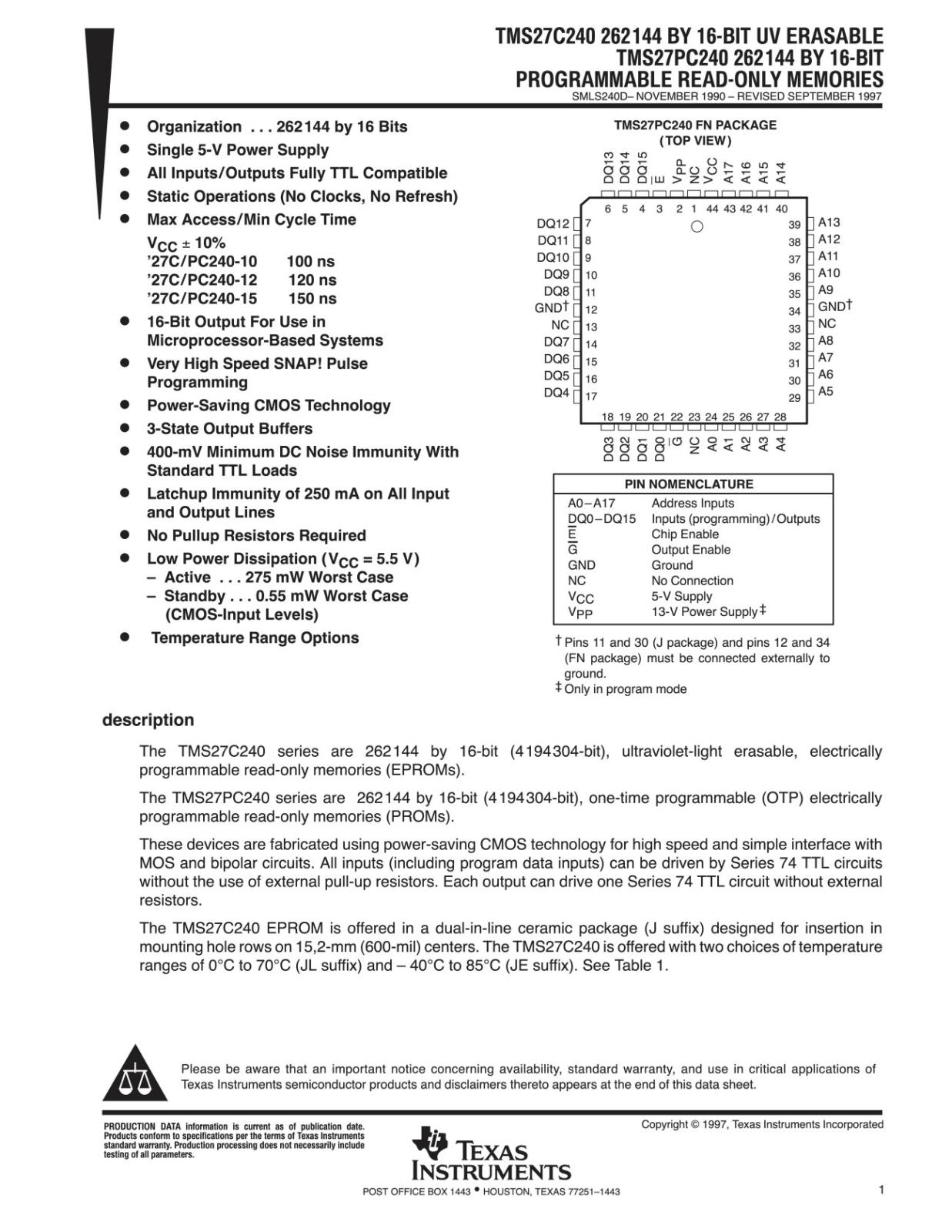 Texas Instruments UV EPROM 4M TMS27C240-10JL | カテゴリ別,部品,半導体製品,デジタルシグナル ...