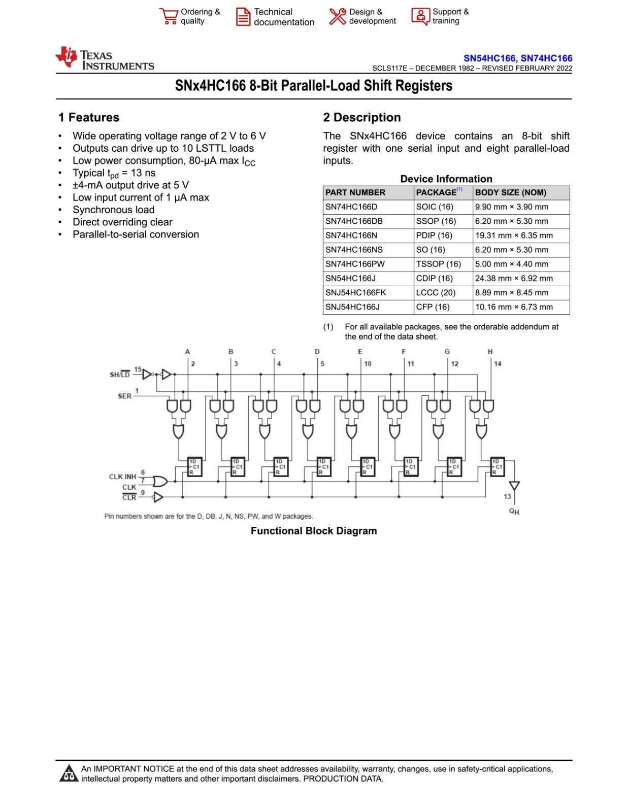 Texas Instruments ロジックIC 8-Bit Parallel-Load Shift Registers SN74HC166N ...