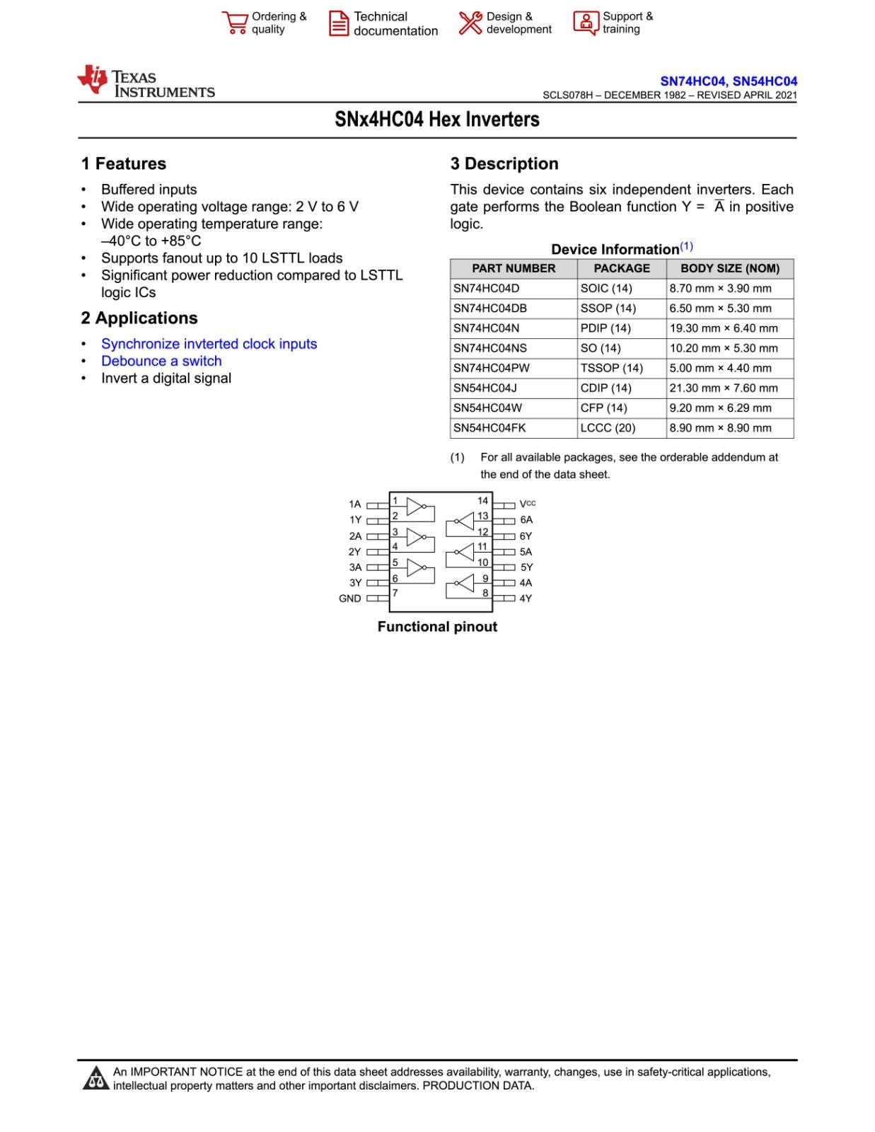 Texas Instruments ロジックIC Hex Inverters SN74HC04N (5個セット) | カテゴリ別,部品,半導体 ...