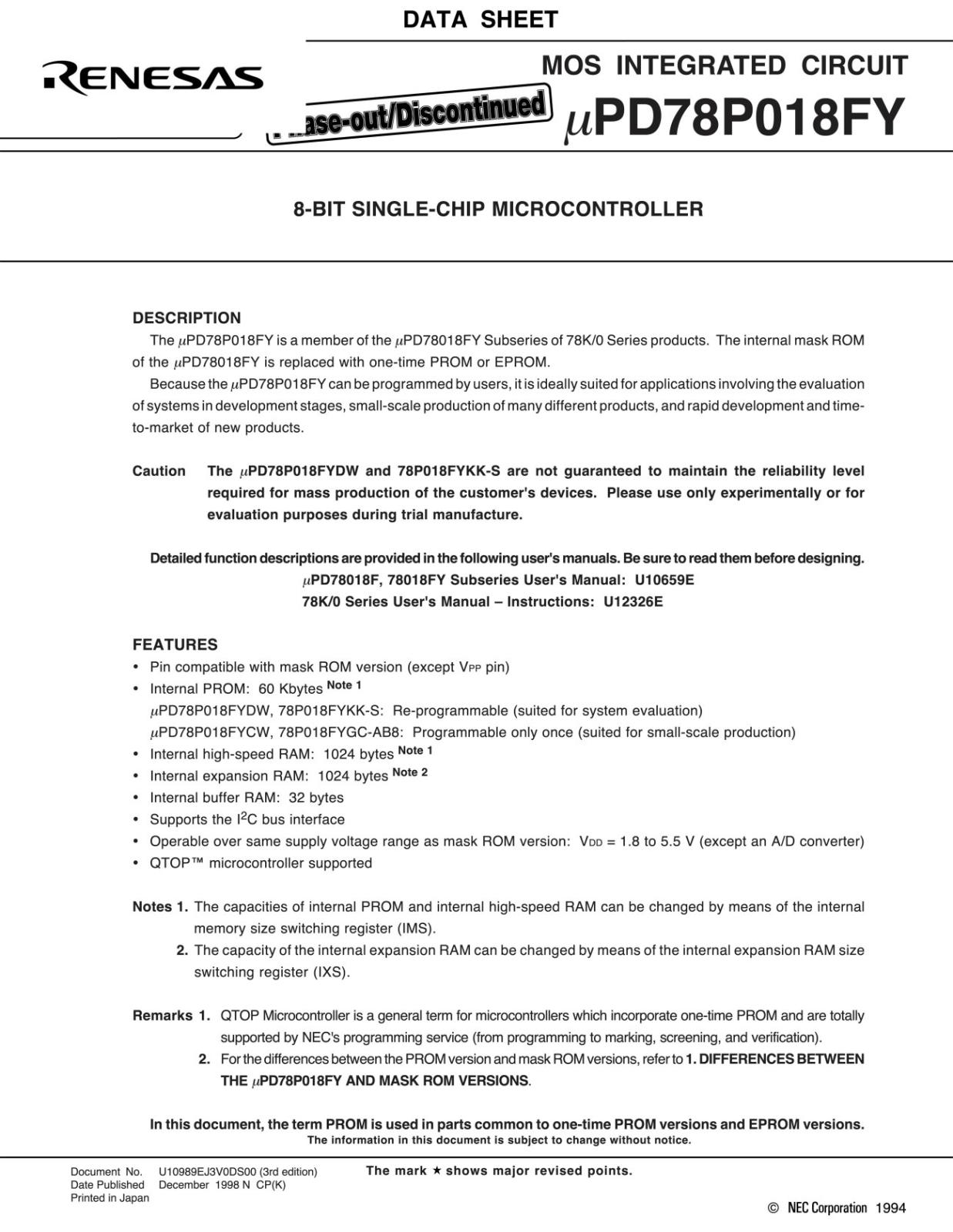 RENESAS マイコン 8-BIT SINGLE-CHIP MICROCONTROLLER UPD78P018FYGC-8BS | カテゴリ別,部品,半導体製品,マイクロプロセッサ ...
