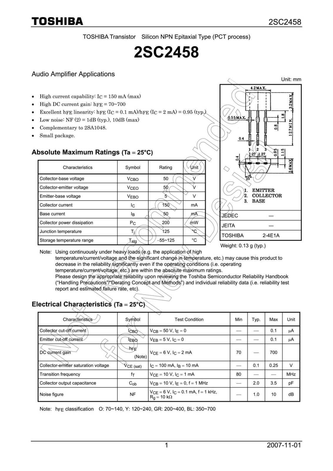 TOSHIBA シリコン NPN トランジスタ 50V 150mA 2SC2458-GR (5個セット) | カテゴリ別,部品,半導体製品 ...