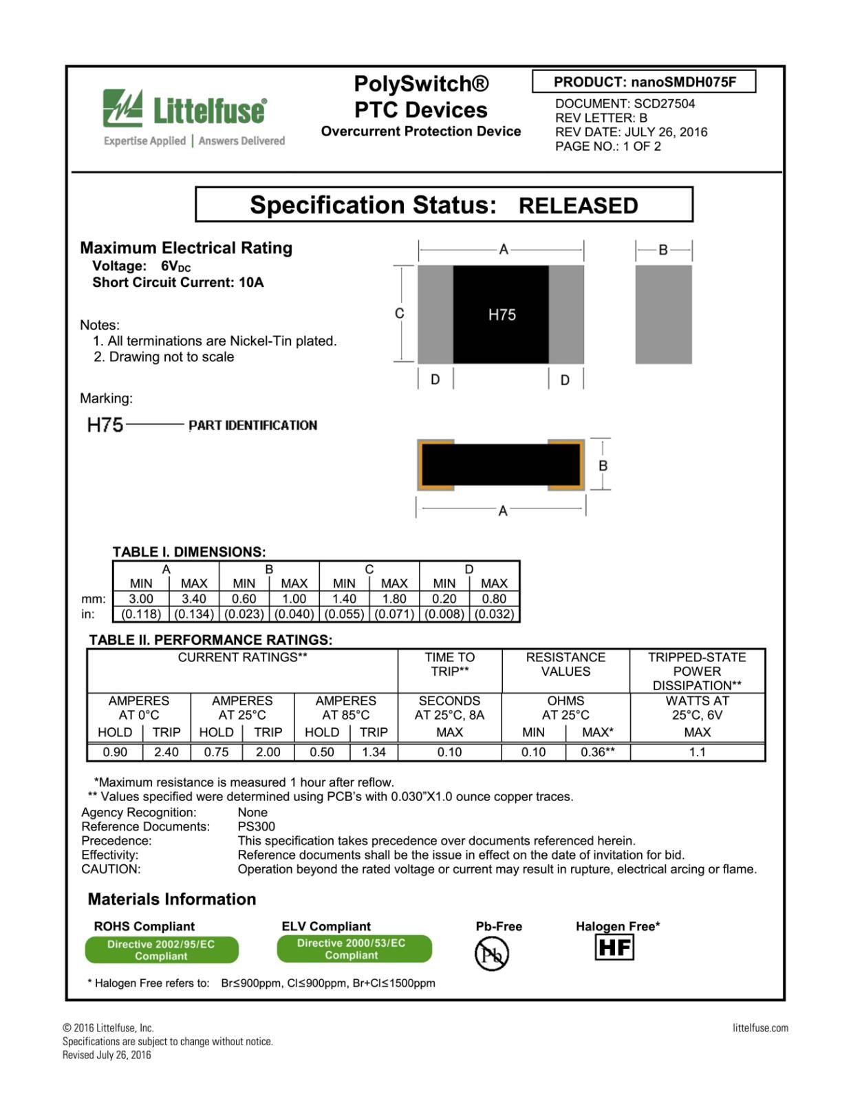 Littelfuse リセット ヒューズ PTC RESET FUSE 6V 750mA RF0394-000 NANOSMDC075F-02 ...