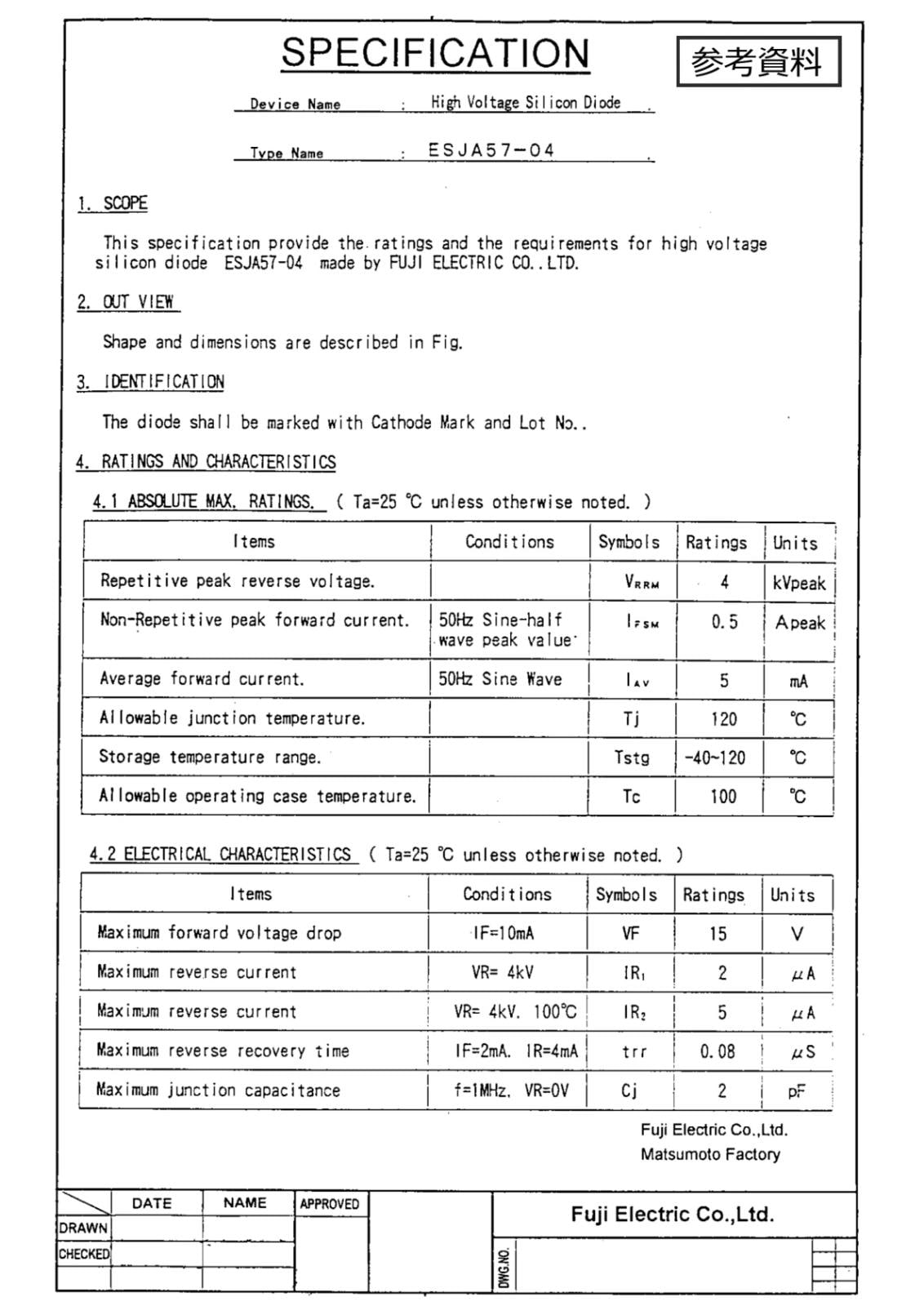 Fuji Electric 超高耐圧 整流用 ダイオード 4kV 5mA ESJA57-04A (5個セット) | カテゴリ別,部品,半導体 ...