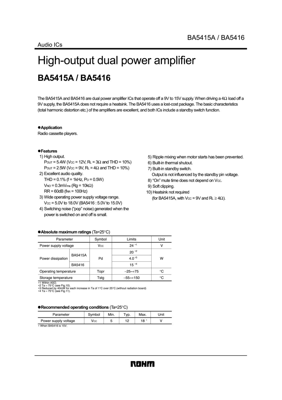 ROHM 高出力 デュアル パワーアンプIC 5.4W 2CH BA5415A | カテゴリ別,部品,半導体製品,信号部品,アンプIC | Buhieen.com
