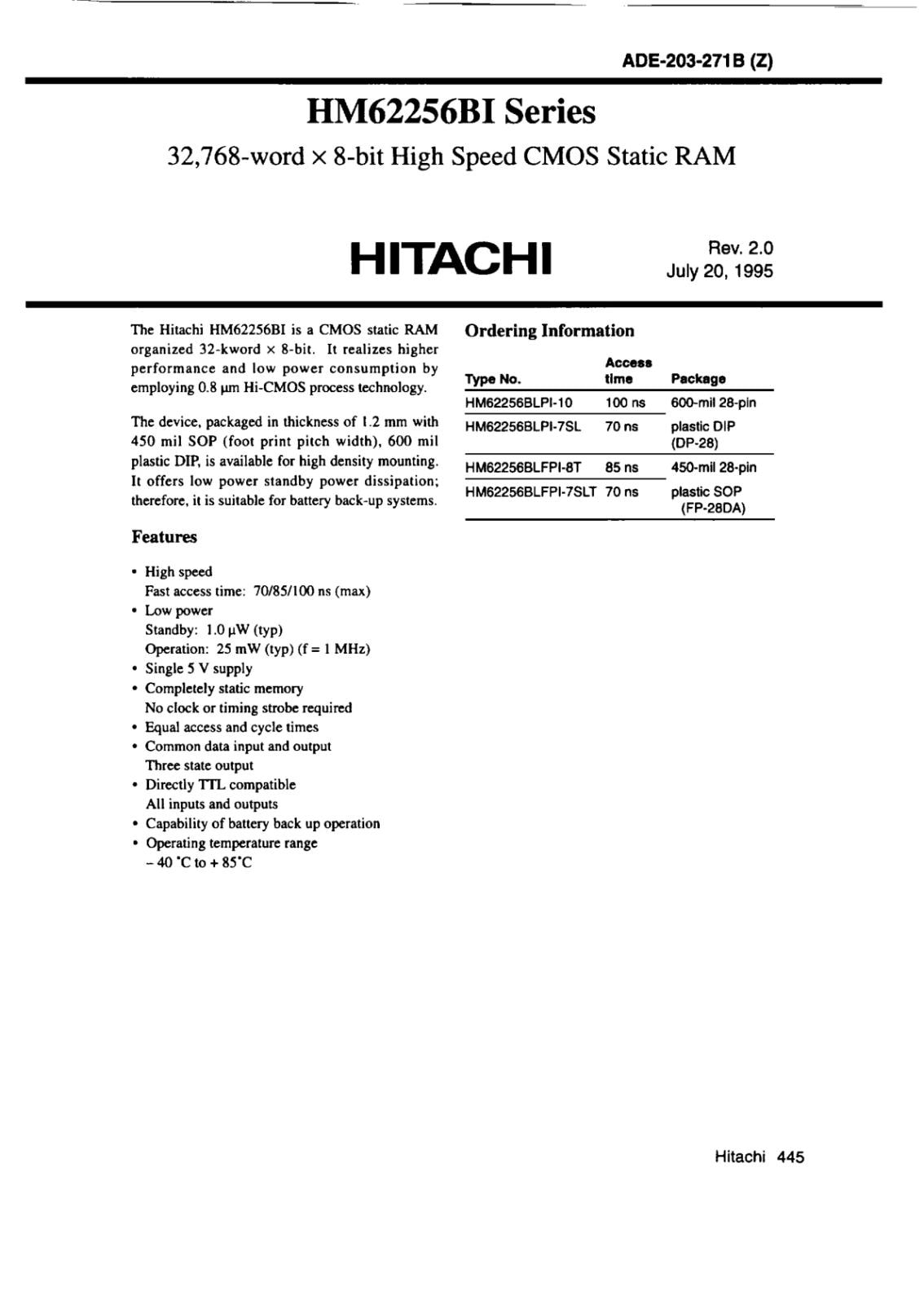 HITACHI SMD 面実装 SRAM High Speed CMOS Static RAM 100ns HM62256BLFP-10T ...