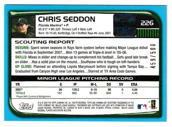 Chris Seddon 2008 Bowman Autographs Blue 500枚限定！（459/500） / クリス・セドン の通販 ...