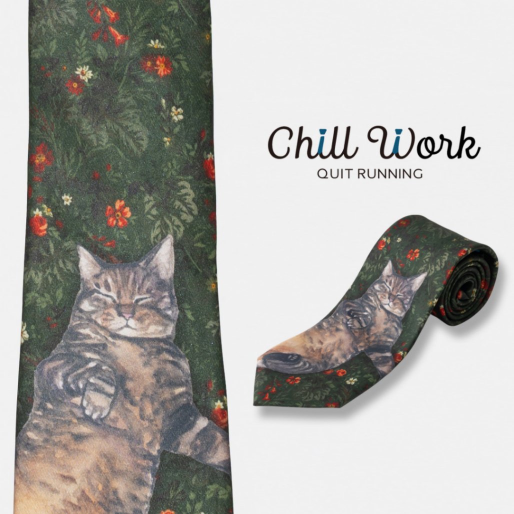 クイトランニング Quit Running,ネクタイ Quit Running | 総柄とろみネクタイ キャット デザイン 水彩画風 洗えるイージーケア 太め 幅9cm CHILLWORK ...