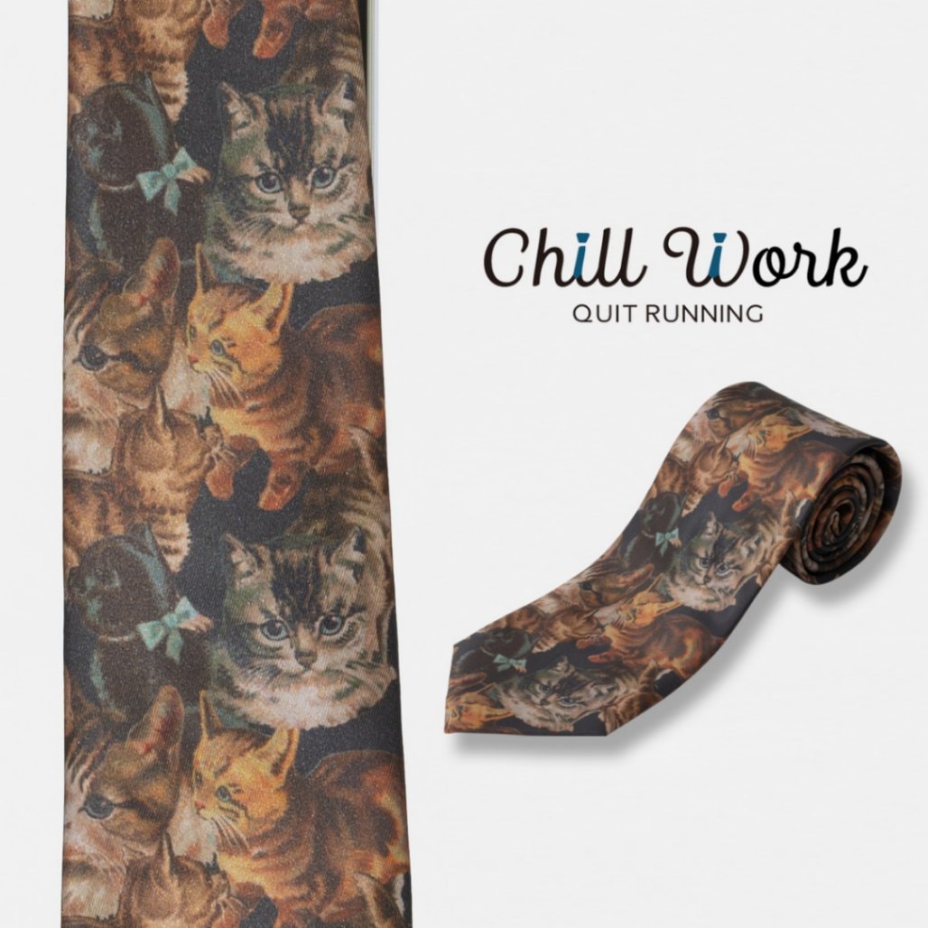 クイトランニング Quit Running,ネクタイ Quit Running | 総柄とろみネクタイ キャット デザイン 洗えるイージーケア 太め 幅9cm CHILLWORK ブラック ...