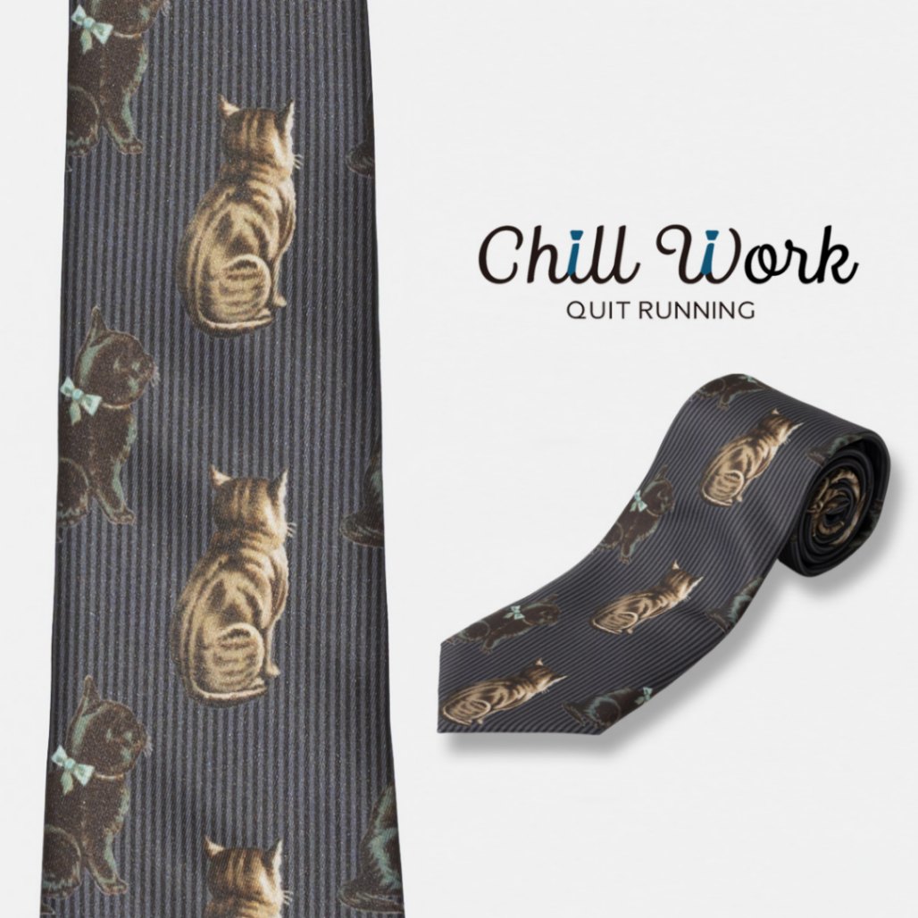 クイトランニング Quit Running,ネクタイ Quit Running | 総柄とろみネクタイ キャット デザイン 洗えるイージーケア 太め 幅9cm CHILLWORK グレー ...