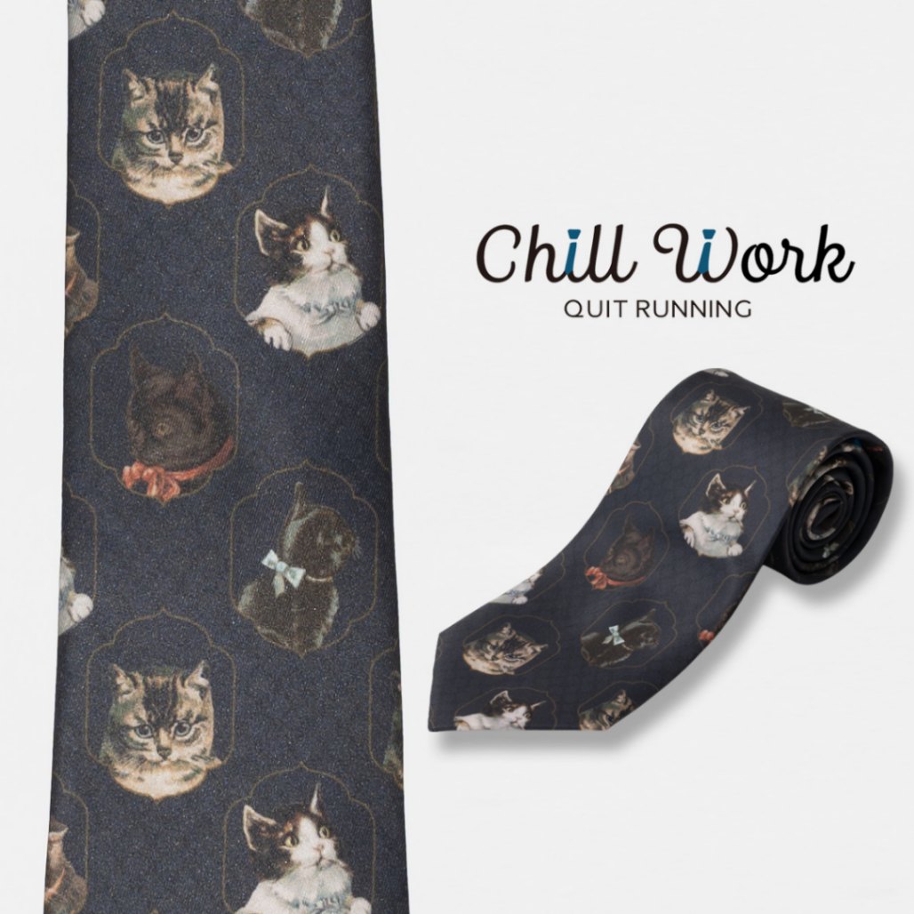 クイトランニング Quit Running,ネクタイ Quit Running | 総柄とろみネクタイ キャット デザイン 洗えるイージーケア 太め 幅9cm CHILLWORK ネイビー ...
