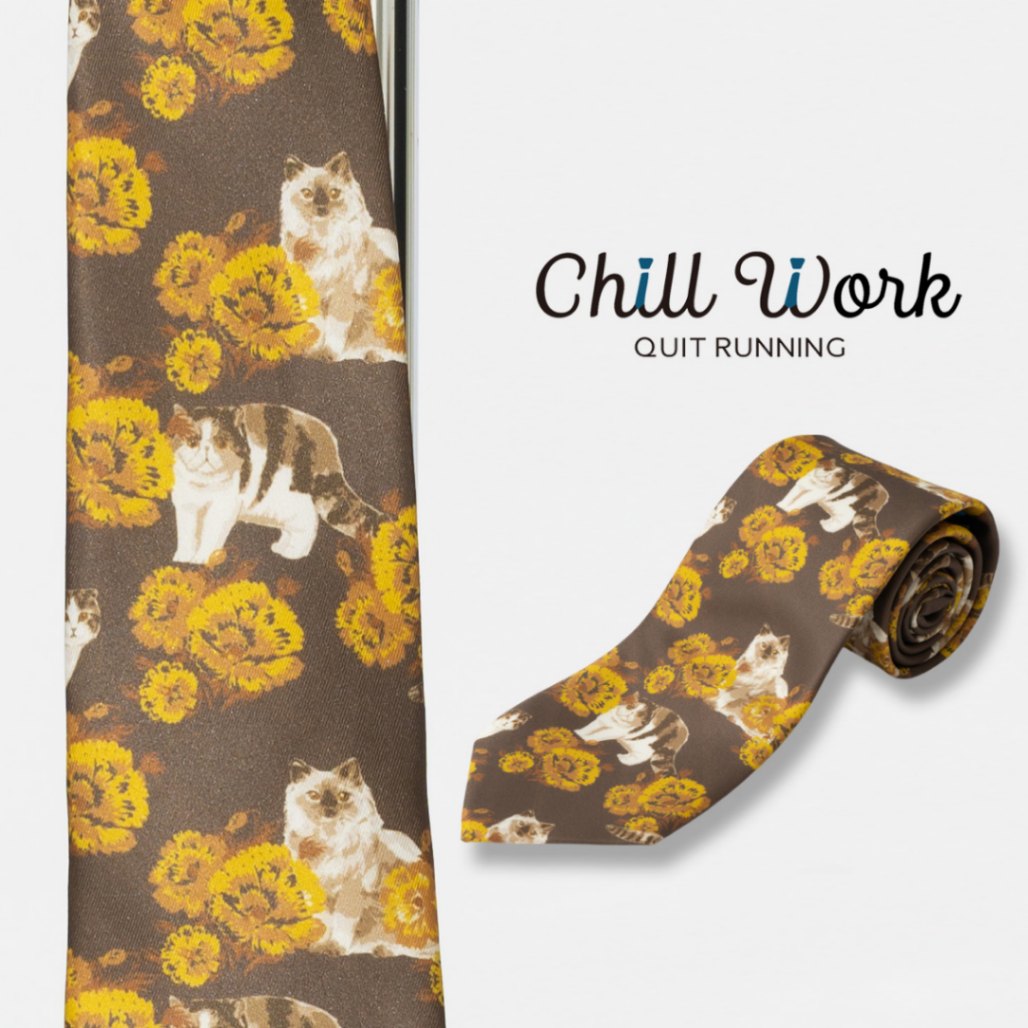 クイトランニング Quit Running,ネクタイ Quit Running | 総柄とろみネクタイ キャット デザイン 洗えるイージーケア 太め 幅9cm CHILLWORK イエロー ...