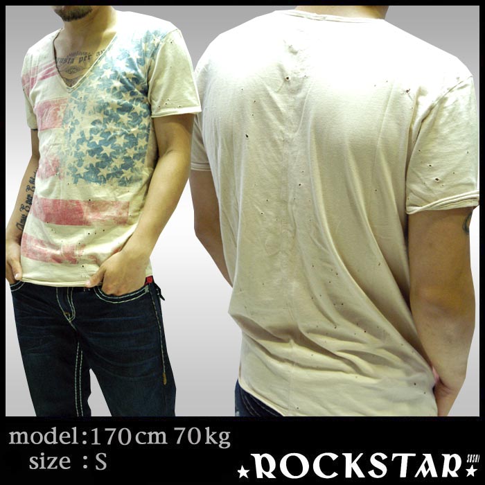 【セール】 ROCKSTAR sushi メンズ 半袖 ダメージ Vネック Tシャツ ベージュ VF030 ロックスター LAセレブ セレカジ ...