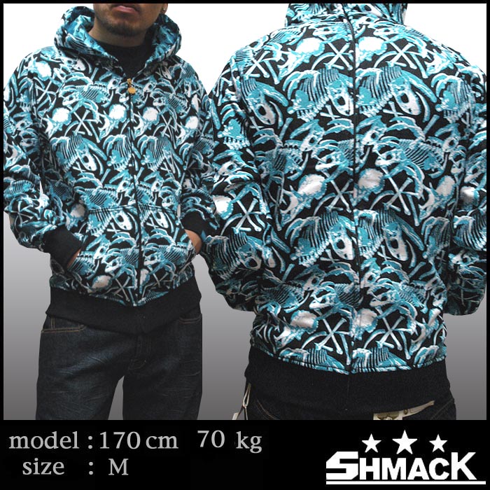SHMACK シュマック ジップパーカー 総柄 フルジップ パーカー ターコイズ ブラック ストリート ブランド ファッション HIPHOP ...