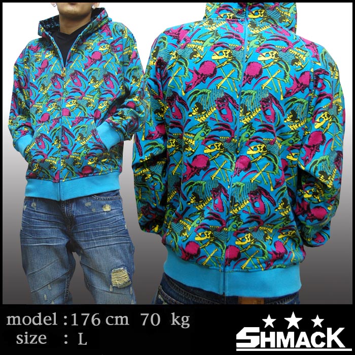 SHMACK シュマック ジップパーカー 総柄 フルジップ パーカー ターコイズ ストリート ブランド ファッション HIPHOP ヒップ ...