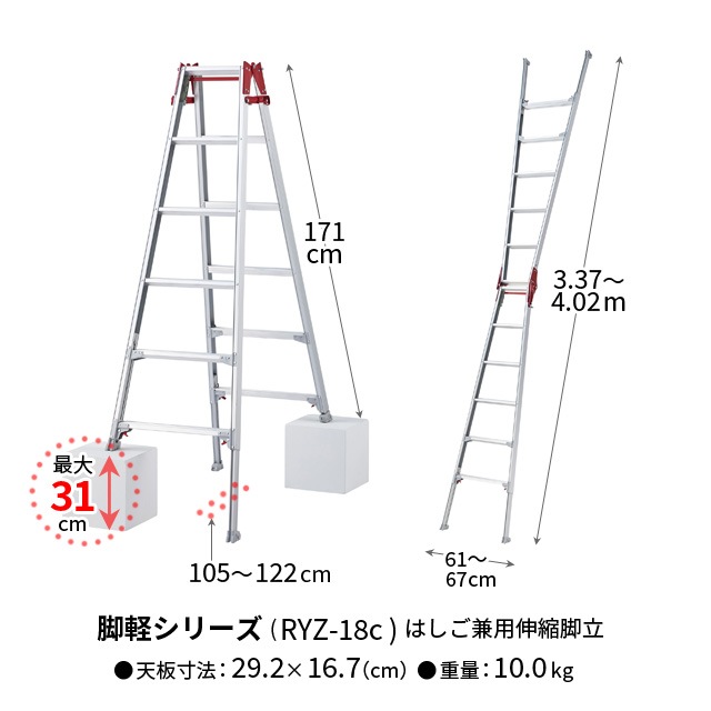 長谷川工業 はしご兼用脚立 脚部伸縮式脚立 RYZ-12c RYZ-15c RYZ-18c RYZ-21c