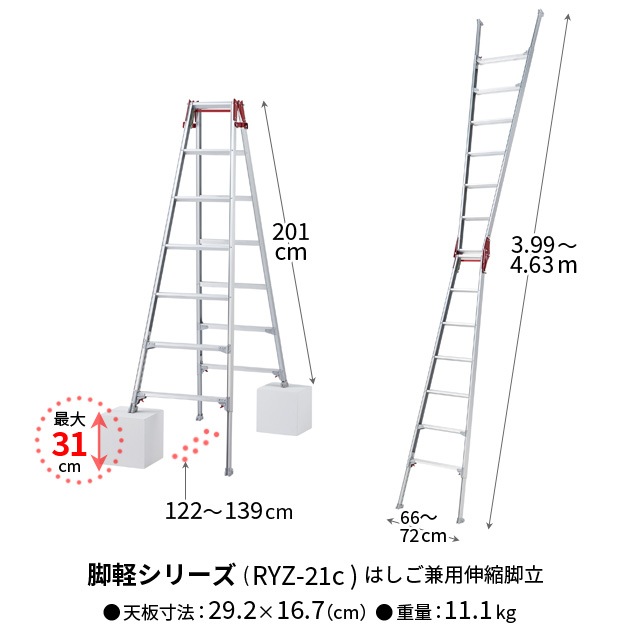 長谷川工業 はしご兼用脚立 脚部伸縮式脚立 RYZ-12c RYZ-15c RYZ-18c RYZ-21c