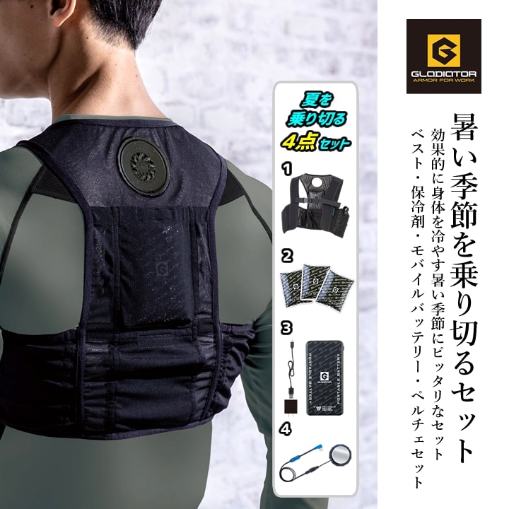 【即日発送】グラディエーター アイスベスト ペルチェ（保冷剤＋ベスト＋ペルチェ）GI409set ベスト 保冷剤3個 ボルトアイスペルチェ モバイルバッテリー 冷却効果 春夏 熱中症対策 屋外 ...
