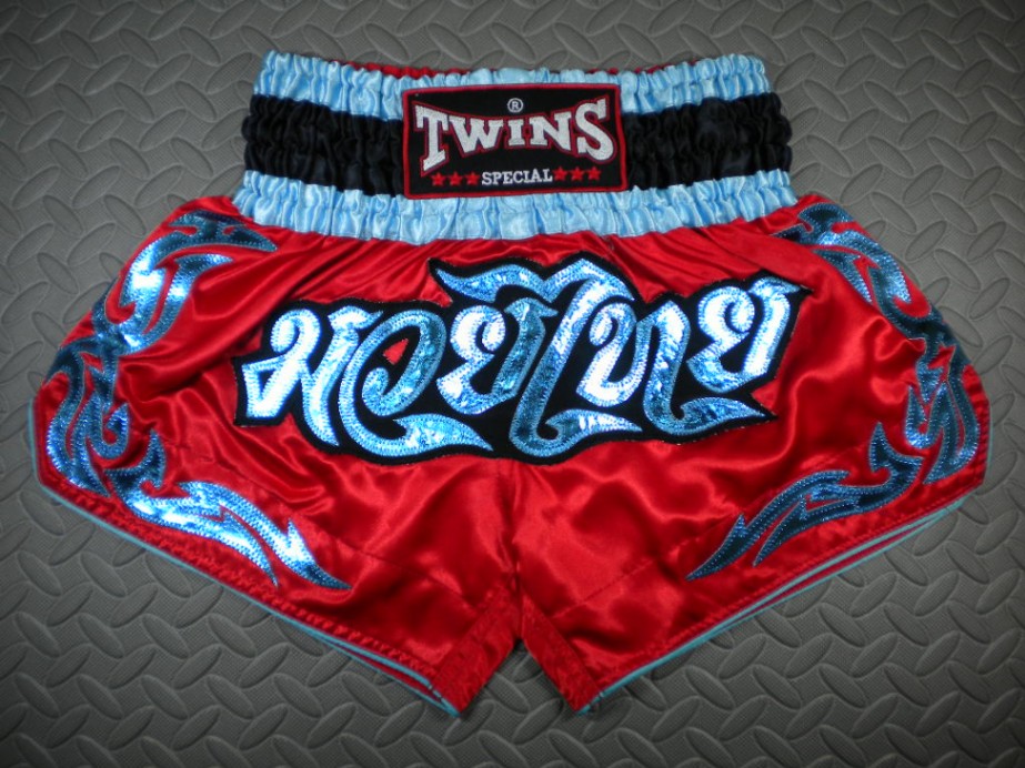 トランクス （ツインズ） 赤・水色柄／ウエスト水色・黒 【3Sサイズ】 | トランクス,ツインズ | | ムエタイショップ TEAM DEVIL666