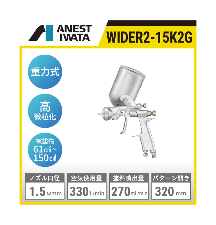 WIDER2-15K2G アネスト岩田 大形スプレーガン | WIDER2 重力式 ノズル口径:1.5Φmm 吹付空気圧力:0.29MPa 空気使用量:330L/min 塗料噴出量:270mL ...