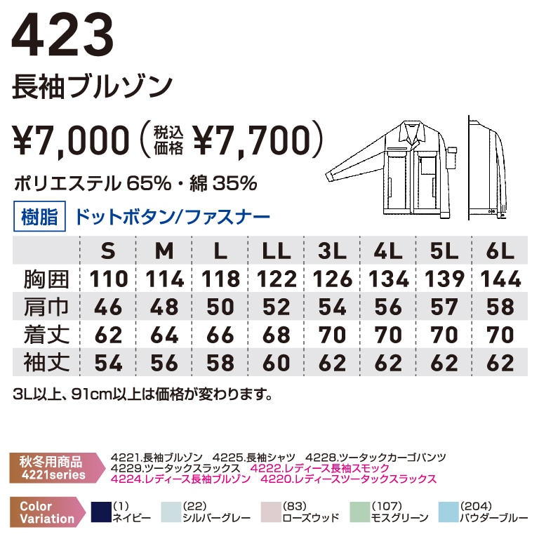 SOWA 423 長袖ブルゾン S M L LL 3L 4L 5L 6L 【 作業着 作業服 桑和 ソーワ 小さめサイズ 普通サイズ 大きめサイズ ポリ綿 制電素材 】 | 桑和-SOWA ...