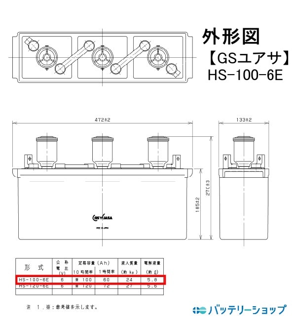【GSユアサ】 HS-100-6E ベント形据置鉛蓄電池 6V 100Ah | HSシリーズ,HS-100-6E | 産業用蓄電池専門店の ...