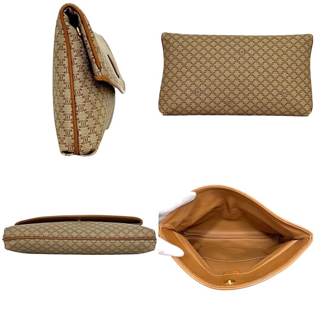 セリーヌ クラッチバッグ ベージュ ブラウン Ｃマカダム レア キャンバス レザー 中古 CELINE ロゴ金具 フラップ 定番 人気 女性 レディース メンズ 薄い クラッチ バッグ 鞄 革 コンパクト 小さい お洒落 通勤 通学 セリーヌ クラッチバッグ ベージュ ブラウン マカダム 美品 PVC レザー