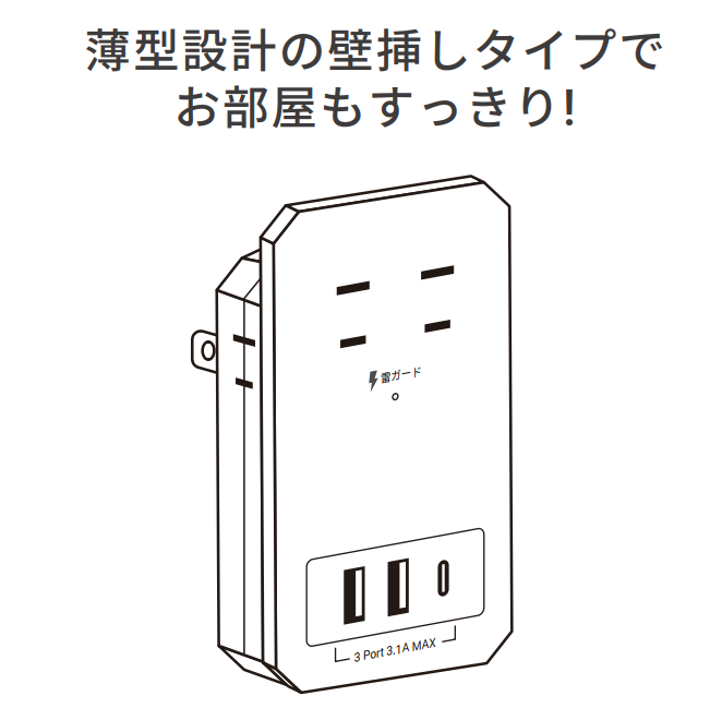 HIDISC スマホスタンド付き薄型USB電源タップ ACx4 Type-Ax2 Type-Cx1 HD-AC4U2C1STWH ...