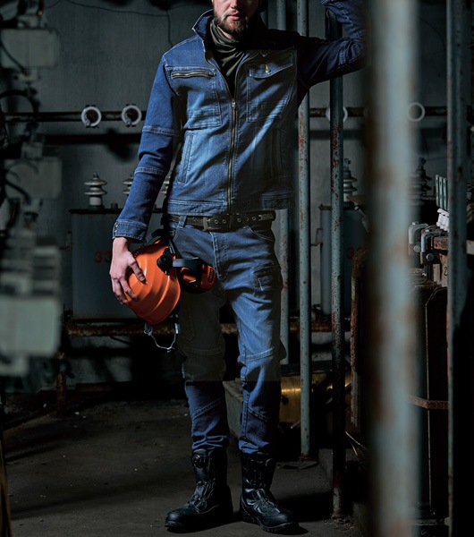 寅壱 8948-554 ストレッチデニムライダースジャケット 限定ステッチカラー（フレッシュグリーン）の通販なら作業服の三冠王