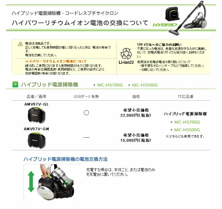 AMV97V-GM パナソニック ハイブリッド電源掃除機用 交換用 リチウム