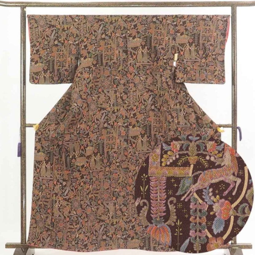 リサイクル着物 小紋 茶色地 花柄 袷 正絹 着物 未使用品 レディース 秋冬春用 シルク ブラウン 裄Lサイズ リユース身丈163cm 裄 ...