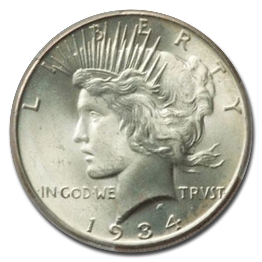 1934年 ピース ダラー 銀貨 1ドル シルバー コイン リバティ 女神 イーグル アメリカ合衆国造幣局 フィラデルフィア MS-67 ...