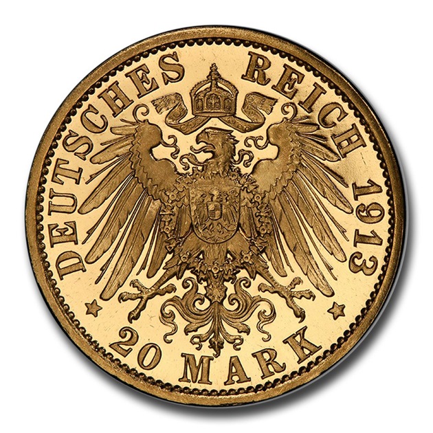 ヴィルヘルム2世 20マルク金貨 ドイツ プロイセン 1913年製 PR-66 DCAM PCGS アンティークコインの販売 | 金貨や銀貨のご購入は「金銀の貯金箱」
