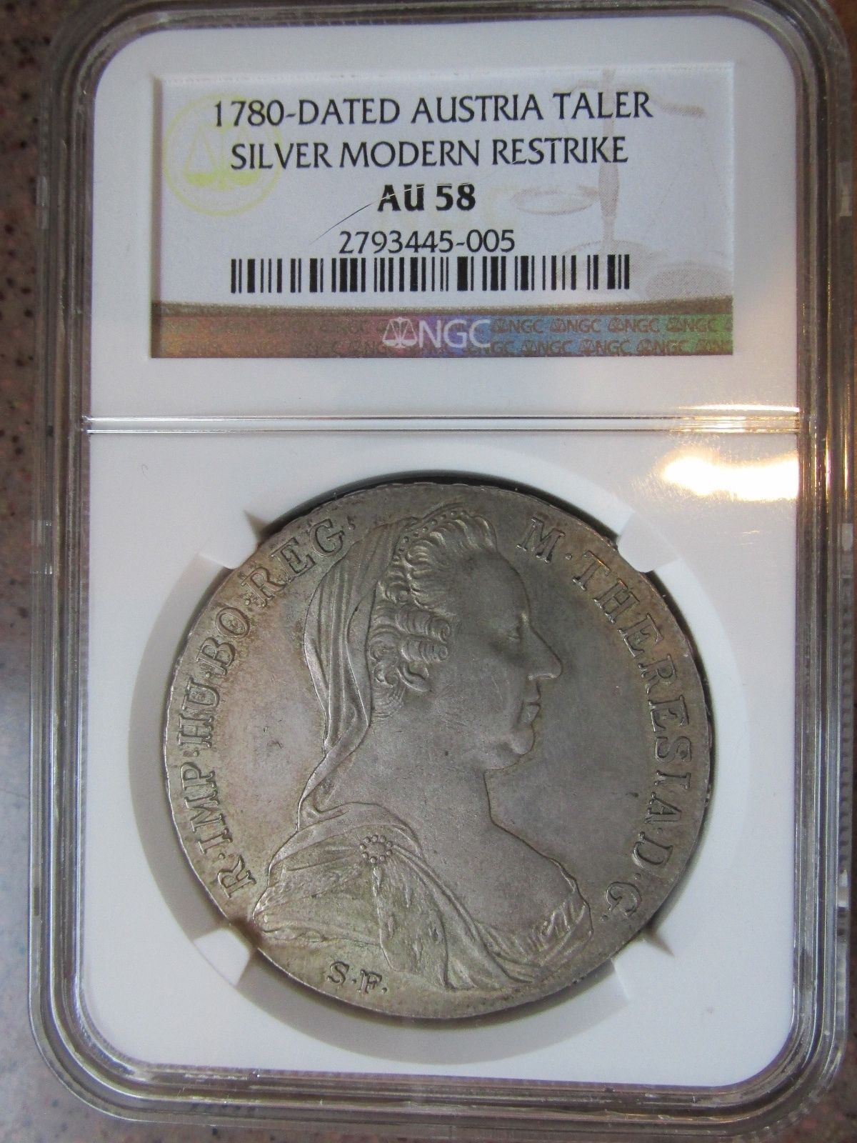 1780 Austrian Thaler IC-FA graded AU58 by NGC