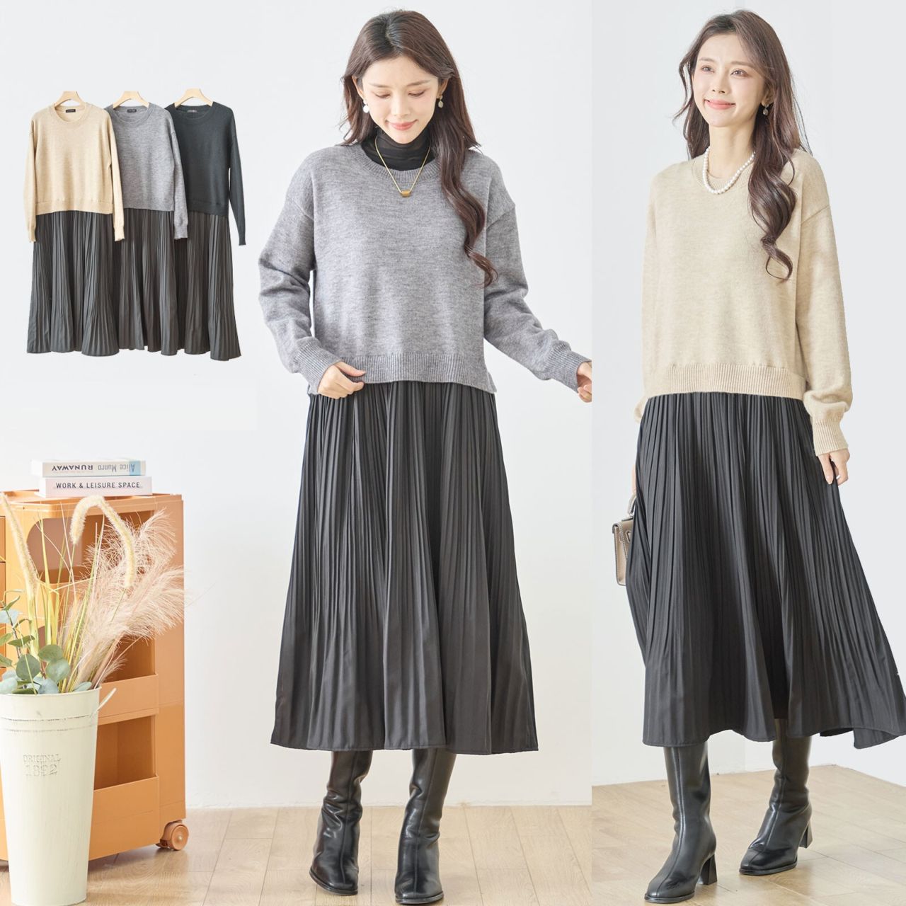 クルーネックニットドッキングプリーツワンピース | 秋冬の特別ご奉仕品 ☃️ | HARMONICA-Kansai FATEオンラインショップ