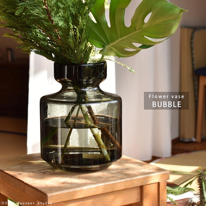 フラワーベース 北欧 おしゃれ｜バブル Bubble Mサイズ 約18cm丸×22cm｜クリアブラック｜花瓶 丸型 大型 枝物 ガラス ナチュラル 爽やか | グリーンインテリア,フラワー ...