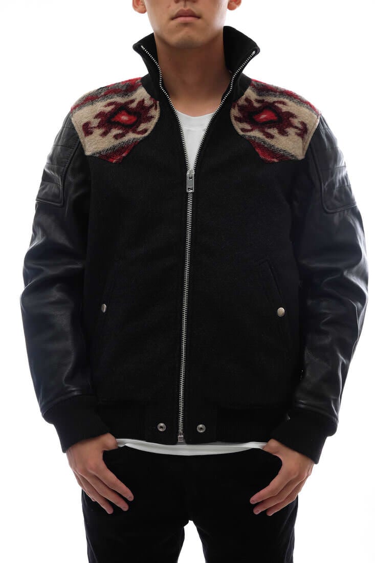 DIESEL RN93243 CA25594 L-PADH JACKET / ディーゼル 袖レザー ノルディック柄 牛革 リブ ブラック 黒 ...