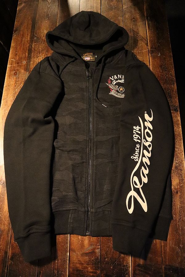 VANSON バンソン NVSZ-2302 裏毛フロントZipパーカー ブラックカモ | VANSON,パーカー・スウェット・ジャージ | バイクウエア＆アメカジHistory