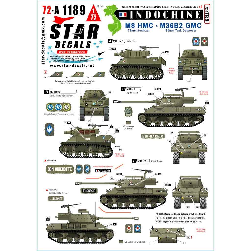 72-A1189 1/72 現用 フランス インドシナ戦争＃5 M8 HMC 75mm自走榴弾砲/M36B2駆逐戦車 | スターデカールズ ...