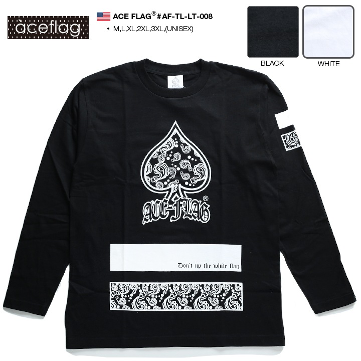 ACEFLAG ロンT ストリート メンズ レディース 黒 白 大きいサイズ エースフラッグ Tシャツ 長袖 おしゃれ かっこいい ペイズリー 柄 スペード ロゴ ボックスロゴ ライン b系 ...