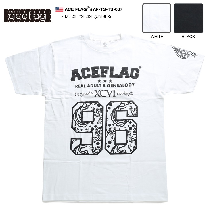 ACEFLAG Tシャツ 半袖 メンズ レディース 春夏用 白 黒 大きいサイズ エースフラッグ スペード ロゴ ペイズリー柄 バンダナ柄 ナンバー 96 b系 ヒップホップ ファッション ...