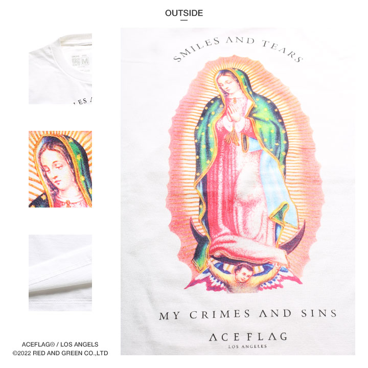 ACEFLAG Tシャツ 半袖 メンズ 白/黒 大きいサイズ エースフラッグ おしゃれ シンプル 聖母 マリア マリア像 ブランドロゴ チカーノ ローライダー b系 ヒップホップ ファッション ...