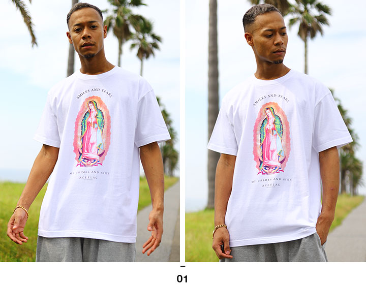 ACEFLAG Tシャツ 半袖 メンズ 白/黒 大きいサイズ エースフラッグ おしゃれ シンプル 聖母 マリア マリア像 ブランドロゴ チカーノ ローライダー b系 ヒップホップ ファッション ...
