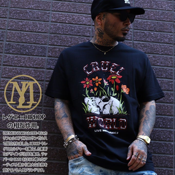 LIVE MECHANICS Tシャツ 半袖 メンズ 春夏用 黒 大きいサイズ ライブメカニクス おしゃれ かっこいい シンプル スカル 髑髏 花 花柄 カラフル オールド文字 ビッグ ...