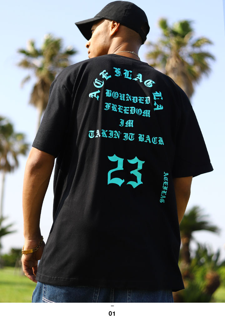 ACEFLAG Tシャツ 半袖 メンズ 春夏用 黒 大きいサイズ エースフラッグ ビッグシルエット Pablo パブロ ナンバー 23 ロゴ グリーン系 ミント b系 ヒップホップ ...