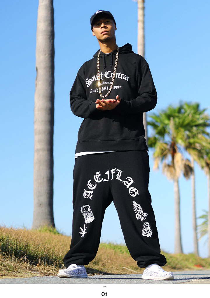 ACE FLAG 上下セット 長袖 メンズ 春秋冬用 黒 大きいサイズ エースフラッグ セットアップ パーカー フーディ South Central サウスセントラル LA マリファナ ヘンプ ...