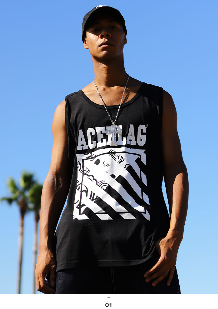 ACEFLAG ノースリーブ メンズ 黒/白 大きいサイズ エースフラッグ バスケットシャツ バスケシャツ タンクトップ バイアス柄 ペイズリー柄 ビッグシルエット b系 ヒップホップ ...