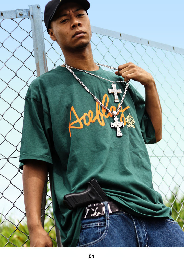 ACEFLAG Tシャツ 半袖 メンズ 緑 大きいサイズ エースフラッグ おしゃれ シンプル スクリプト 筆記体 ビッグシルエット オーバーサイズ スペード b系 ヒップホップ ファッション ...